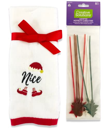 Serafina Home Holiday Christmas Fingertip Towels: White Terry Cotton Embroidered Naughty Nice Elf Hats with Red Border