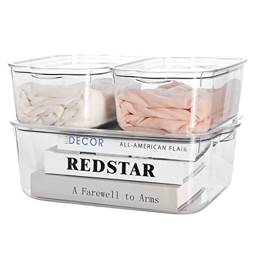 ANMINY 3PCS Clear Plastic Storage Bins Stackable Lidded Storage Boxes Baskets Cubes with Handles Removable Lids Decorative Home Kitchen Closet Shelf Organizer Clothes Towel Blanket Kid Toy Containers