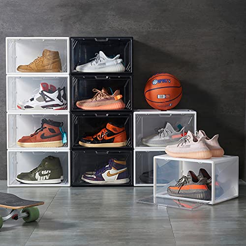 Shoe Storage Boxes Organizers 15" x 11" x 9.25" Extra Large Size Sneaker Display Shoe Containers Clear Plastic Stackable with Lids Magnetic Side Opening Door for Collection Display (6 Pack, Black)