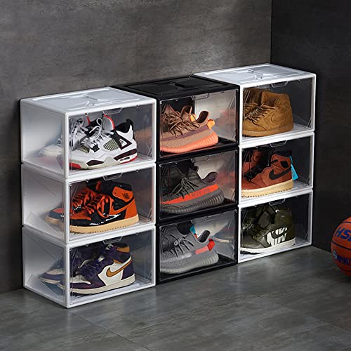 Shoe Storage Boxes Organizers 15" x 11" x 9.25" Extra Large Size Sneaker Display Shoe Containers Clear Plastic Stackable with Lids Magnetic Side Opening Door for Collection Display (6 Pack, Black)