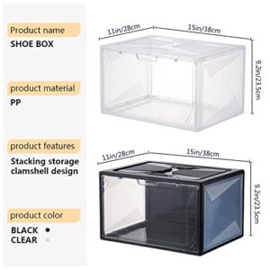 Shoe Storage Boxes Organizers 15" x 11" x 9.25" Extra Large Size Sneaker Display Shoe Containers Clear Plastic Stackable with Lids Magnetic Side Opening Door for Collection Display (6 Pack, Black)