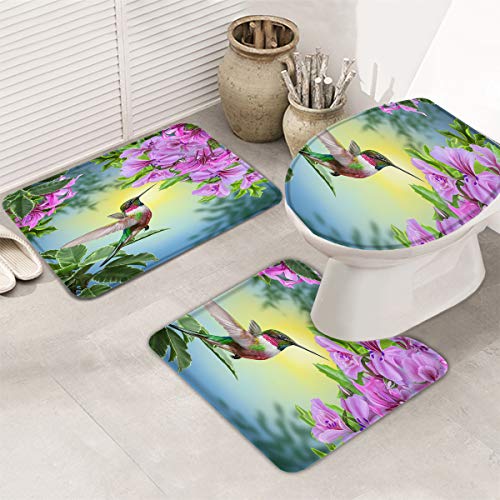 Bath Rugs Set 3 Piece, Hummingbird and the Flowers Washable Memory Foam Non-Slip Contour Mat Toilet Lid Cover Bath Mat Sets for Bathroom Decor, 20" x 32" + 16" x 18" + 16" x 20" Large Size