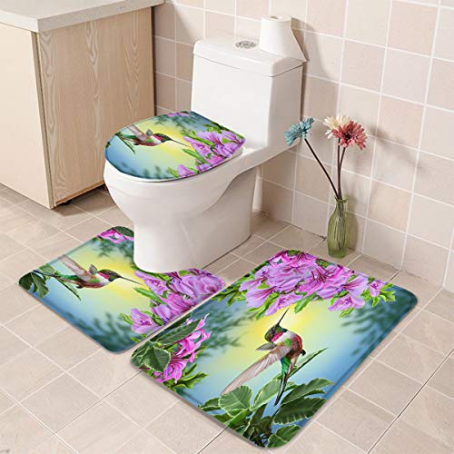 Bath Rugs Set 3 Piece, Hummingbird and the Flowers Washable Memory Foam Non-Slip Contour Mat Toilet Lid Cover Bath Mat Sets for Bathroom Decor, 20" x 32" + 16" x 18" + 16" x 20" Large Size