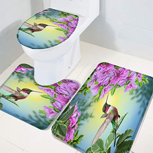 Bath Rugs Set 3 Piece, Hummingbird and the Flowers Washable Memory Foam Non-Slip Contour Mat Toilet Lid Cover Bath Mat Sets for Bathroom Decor, 20" x 32" + 16" x 18" + 16" x 20" Large Size