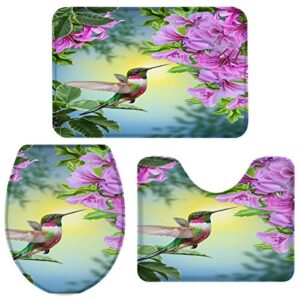 Bath Rugs Set 3 Piece, Hummingbird and the Flowers Washable Memory Foam Non-Slip Contour Mat Toilet Lid Cover Bath Mat Sets for Bathroom Decor, 20" x 32" + 16" x 18" + 16" x 20" Large Size