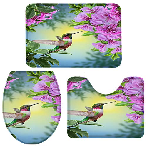 Bath Rugs Set 3 Piece, Hummingbird and the Flowers Washable Memory Foam Non-Slip Contour Mat Toilet Lid Cover Bath Mat Sets for Bathroom Decor, 20" x 32" + 16" x 18" + 16" x 20" Large Size