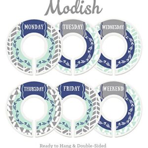 Modish Labels, Weekly Clothes Organizer, Days of The Week Closet Organizer System, Daily Closet Organizer, Closet Dividers, School Clothes Dividers (Navy Mint Arrows)