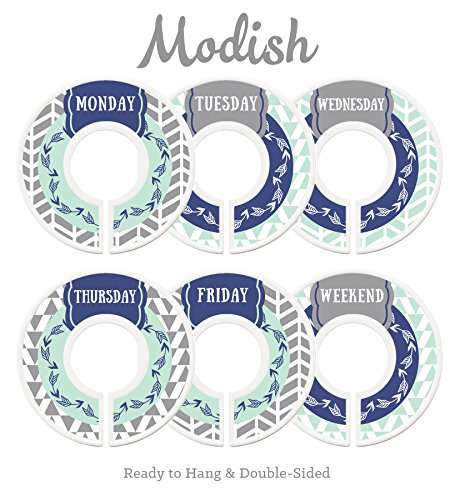 Modish Labels, Weekly Clothes Organizer, Days of The Week Closet Organizer System, Daily Closet Organizer, Closet Dividers, School Clothes Dividers (Navy Mint Arrows)