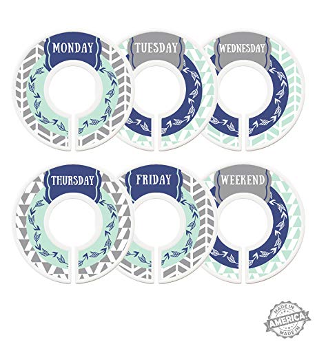 Modish Labels, Weekly Clothes Organizer, Days of The Week Closet Organizer System, Daily Closet Organizer, Closet Dividers, School Clothes Dividers (Navy Mint Arrows)