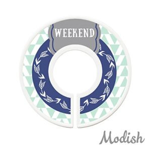 Modish Labels, Weekly Clothes Organizer, Days of The Week Closet Organizer System, Daily Closet Organizer, Closet Dividers, School Clothes Dividers (Navy Mint Arrows)