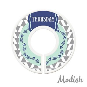 Modish Labels, Weekly Clothes Organizer, Days of The Week Closet Organizer System, Daily Closet Organizer, Closet Dividers, School Clothes Dividers (Navy Mint Arrows)