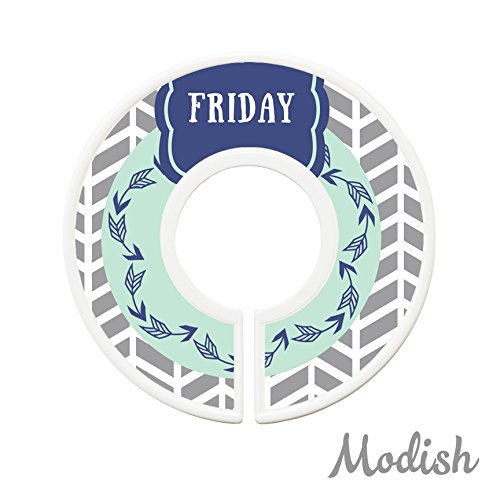 Modish Labels, Weekly Clothes Organizer, Days of The Week Closet Organizer System, Daily Closet Organizer, Closet Dividers, School Clothes Dividers (Navy Mint Arrows)