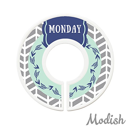 Modish Labels, Weekly Clothes Organizer, Days of The Week Closet Organizer System, Daily Closet Organizer, Closet Dividers, School Clothes Dividers (Navy Mint Arrows)