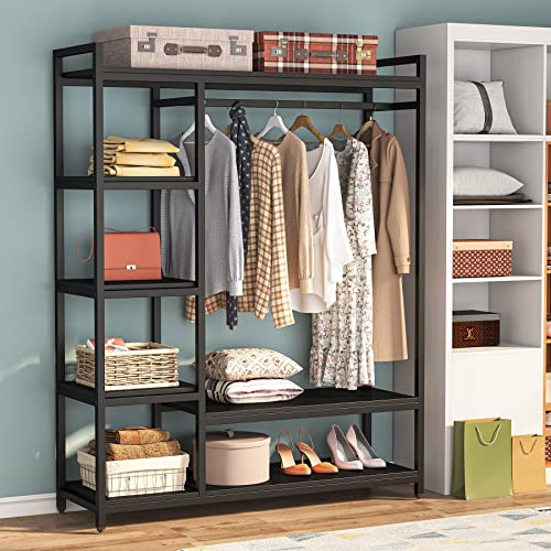 LITTLE TREE Free-Standing Closet Organizer, Heavy Duty Clothes Closet, Portable Garment Rack with 6-Tier Shelves and Hanging Rod, Black Metal Frame & White Board (Black&Black)