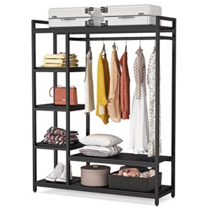 LITTLE TREE Free-Standing Closet Organizer, Heavy Duty Clothes Closet, Portable Garment Rack with 6-Tier Shelves and Hanging Rod, Black Metal Frame & White Board (Black&Black)