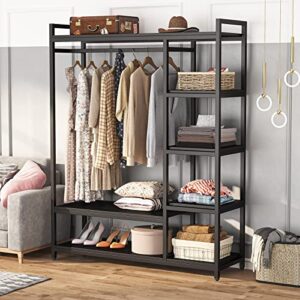 LITTLE TREE Free-Standing Closet Organizer, Heavy Duty Clothes Closet, Portable Garment Rack with 6-Tier Shelves and Hanging Rod, Black Metal Frame & White Board (Black&Black)