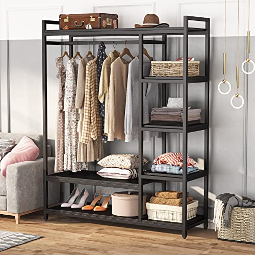 LITTLE TREE Free-Standing Closet Organizer, Heavy Duty Clothes Closet, Portable Garment Rack with 6-Tier Shelves and Hanging Rod, Black Metal Frame & White Board (Black&Black)