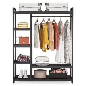 LITTLE TREE Free-Standing Closet Organizer, Heavy Duty Clothes Closet, Portable Garment Rack with 6-Tier Shelves and Hanging Rod, Black Metal Frame & White Board (Black&Black)