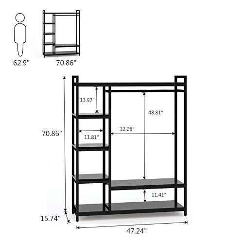 LITTLE TREE Free-Standing Closet Organizer, Heavy Duty Clothes Closet, Portable Garment Rack with 6-Tier Shelves and Hanging Rod, Black Metal Frame & White Board (Black&Black)