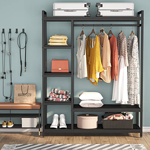 LITTLE TREE Free-Standing Closet Organizer, Heavy Duty Clothes Closet, Portable Garment Rack with 6-Tier Shelves and Hanging Rod, Black Metal Frame & White Board (Black&Black)