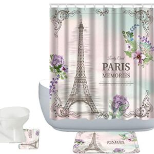 amagical paris memories eiffel tower pattern 3 piece shower curtain set bathroom mat set bath mat contour mat bath curtain with 12 hooks