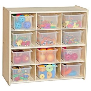 contender birch 12 cubby tray cabinet with translucent bins, toddlers toy storage organizer for kindergarten, daycare, nursery, homeschool [fully assembled]