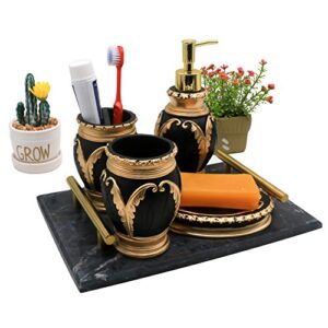 LUANT 4 Pieces Bathroom Accessory Set Including Tumbler, Toothbrush Holder, Soap Dish and Soap Dispenser, Black with Gold