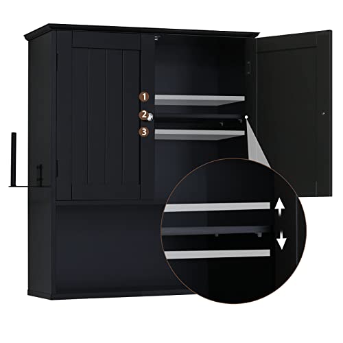 Iwell Bathroom Cabinet Wall Mounted with 2 Shelf & Toilet Paper Holder, 23.6''L*8.9''W*27.9''H Medicine Cabinet, Double Doors for Bathroom, Over The Toilet Space Saver Storage Cabinet, Black