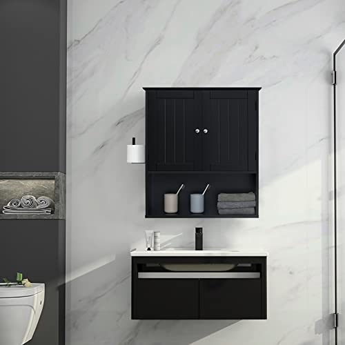 Iwell Bathroom Cabinet Wall Mounted with 2 Shelf & Toilet Paper Holder, 23.6''L*8.9''W*27.9''H Medicine Cabinet, Double Doors for Bathroom, Over The Toilet Space Saver Storage Cabinet, Black