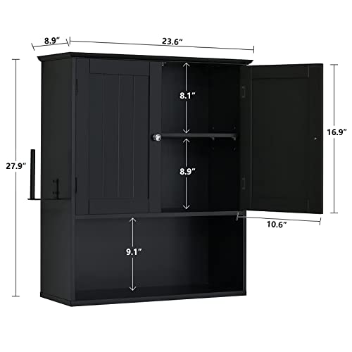 Iwell Bathroom Cabinet Wall Mounted with 2 Shelf & Toilet Paper Holder, 23.6''L*8.9''W*27.9''H Medicine Cabinet, Double Doors for Bathroom, Over The Toilet Space Saver Storage Cabinet, Black