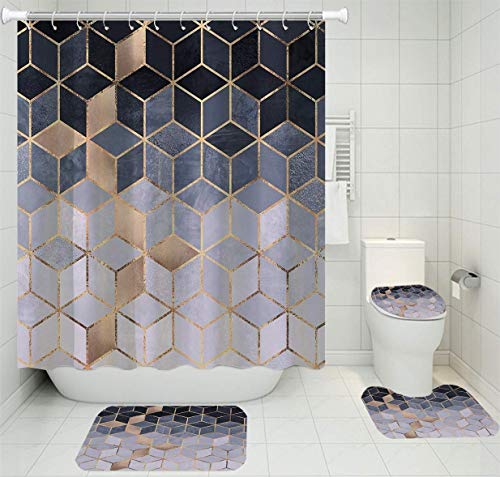 Yuaobeimei Geometric Marble Shower Curtain Sets with Rugs and Bathroom Mat 4-Piece 3D Print Waterproof Diamond Marbling Shower Curtain Bathroom Decor