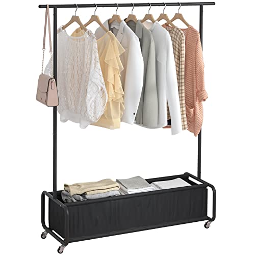 Boeeoan Clothes Rack With Large Storage Bag, Clothes Organizer Stand on Wheels, 2-in-1 Freestanding Garment Rack, Rolling Clothes Storage Cart, Coat Rack, for Bedroom, Laundry Room, Living-room, Black