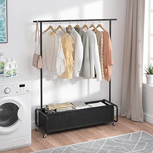 Boeeoan Clothes Rack With Large Storage Bag, Clothes Organizer Stand on Wheels, 2-in-1 Freestanding Garment Rack, Rolling Clothes Storage Cart, Coat Rack, for Bedroom, Laundry Room, Living-room, Black