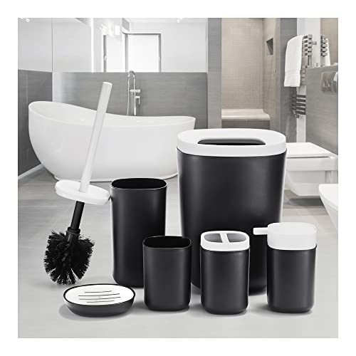 DUFU Bathroom Accessories Set 6 Piece Bath Ensemble Set with Trash Can, Toilet Brush Set, Toothbrush Holder, Tumbler, Soap Dish, Soap Dispenser for Decorative Countertop and Housewarming Gift(Black)