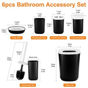 DUFU Bathroom Accessories Set 6 Piece Bath Ensemble Set with Trash Can, Toilet Brush Set, Toothbrush Holder, Tumbler, Soap Dish, Soap Dispenser for Decorative Countertop and Housewarming Gift(Black)