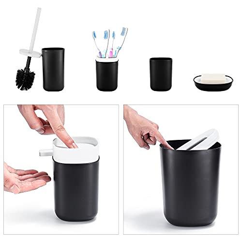 DUFU Bathroom Accessories Set 6 Piece Bath Ensemble Set with Trash Can, Toilet Brush Set, Toothbrush Holder, Tumbler, Soap Dish, Soap Dispenser for Decorative Countertop and Housewarming Gift(Black)