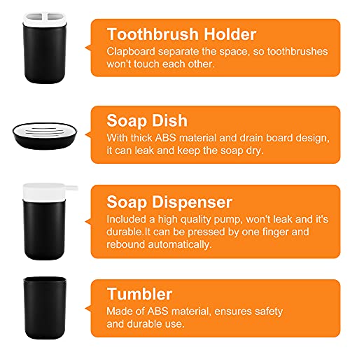 DUFU Bathroom Accessories Set 6 Piece Bath Ensemble Set with Trash Can, Toilet Brush Set, Toothbrush Holder, Tumbler, Soap Dish, Soap Dispenser for Decorative Countertop and Housewarming Gift(Black)