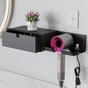 tindbea hair dryer holder wall mounted + acrylic drawer storage, hair accessories organizer, blow dryer holder for vanity, hair dryer bracket for dyson, matte black