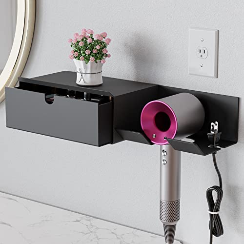 Tindbea Hair Dryer Holder Wall Mounted + Acrylic Drawer Storage, Hair Accessories Organizer, Blow Dryer Holder for Vanity, Hair Dryer Bracket for Dyson, Matte Black