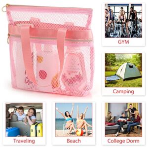 Woanger 6 Pieces Mesh Shower Caddy Portable Travel Shower Caddy Bag Quick Dry Gym Mesh Shower Tote with Zipper Lightweight Pink Shower Bag for Swimming Sports Camp Shopping College Dorms