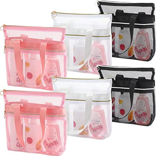 Woanger 6 Pieces Mesh Shower Caddy Portable Travel Shower Caddy Bag Quick Dry Gym Mesh Shower Tote with Zipper Lightweight Pink Shower Bag for Swimming Sports Camp Shopping College Dorms