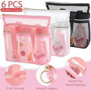 Woanger 6 Pieces Mesh Shower Caddy Portable Travel Shower Caddy Bag Quick Dry Gym Mesh Shower Tote with Zipper Lightweight Pink Shower Bag for Swimming Sports Camp Shopping College Dorms