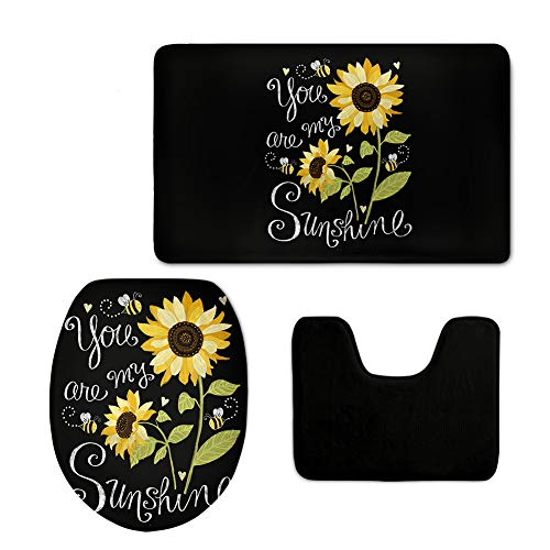 Coloranimal You are My Sunshine Sunflower Design Home Decoration 3 Piece Set U-Shaped Toilet Mat+Area Rug+Toilet Lid Covers