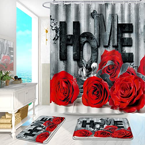 YOKYHOM Bathroom Sets, 3 Pcs Red Rose Bathroom Shower Curtain Sets with Rugs, Incl 71'' x 71'' Polyester Shower Curtain with 12 Hooks, 2 Pcs 30'' x 18'' Non Slip Bath Mats for Romantic Bathroom Decor