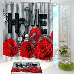 YOKYHOM Bathroom Sets, 3 Pcs Red Rose Bathroom Shower Curtain Sets with Rugs, Incl 71'' x 71'' Polyester Shower Curtain with 12 Hooks, 2 Pcs 30'' x 18'' Non Slip Bath Mats for Romantic Bathroom Decor