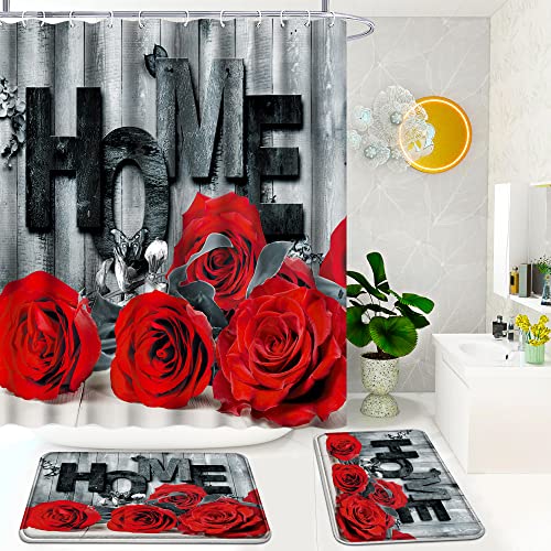 YOKYHOM Bathroom Sets, 3 Pcs Red Rose Bathroom Shower Curtain Sets with Rugs, Incl 71'' x 71'' Polyester Shower Curtain with 12 Hooks, 2 Pcs 30'' x 18'' Non Slip Bath Mats for Romantic Bathroom Decor