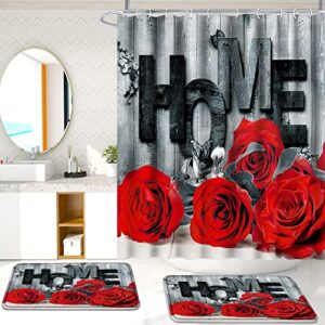 YOKYHOM Bathroom Sets, 3 Pcs Red Rose Bathroom Shower Curtain Sets with Rugs, Incl 71'' x 71'' Polyester Shower Curtain with 12 Hooks, 2 Pcs 30'' x 18'' Non Slip Bath Mats for Romantic Bathroom Decor