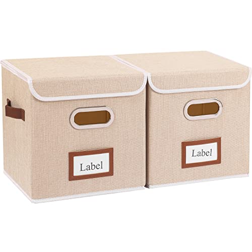 Yawinhe 2 Packs Storage Boxes, 11 x 11 x 11 Inch Storage Cubes, Storage Bins Organizer Containers with Dual Leather Handles for Home Bedroom Closet Office (Beige, 2-Pack)