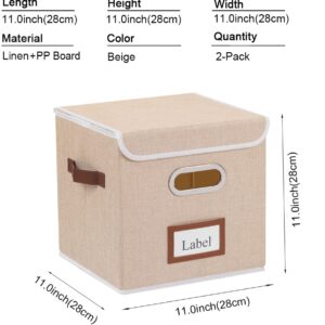 Yawinhe 2 Packs Storage Boxes, 11 x 11 x 11 Inch Storage Cubes, Storage Bins Organizer Containers with Dual Leather Handles for Home Bedroom Closet Office (Beige, 2-Pack)