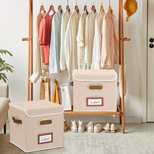 Yawinhe 2 Packs Storage Boxes, 11 x 11 x 11 Inch Storage Cubes, Storage Bins Organizer Containers with Dual Leather Handles for Home Bedroom Closet Office (Beige, 2-Pack)